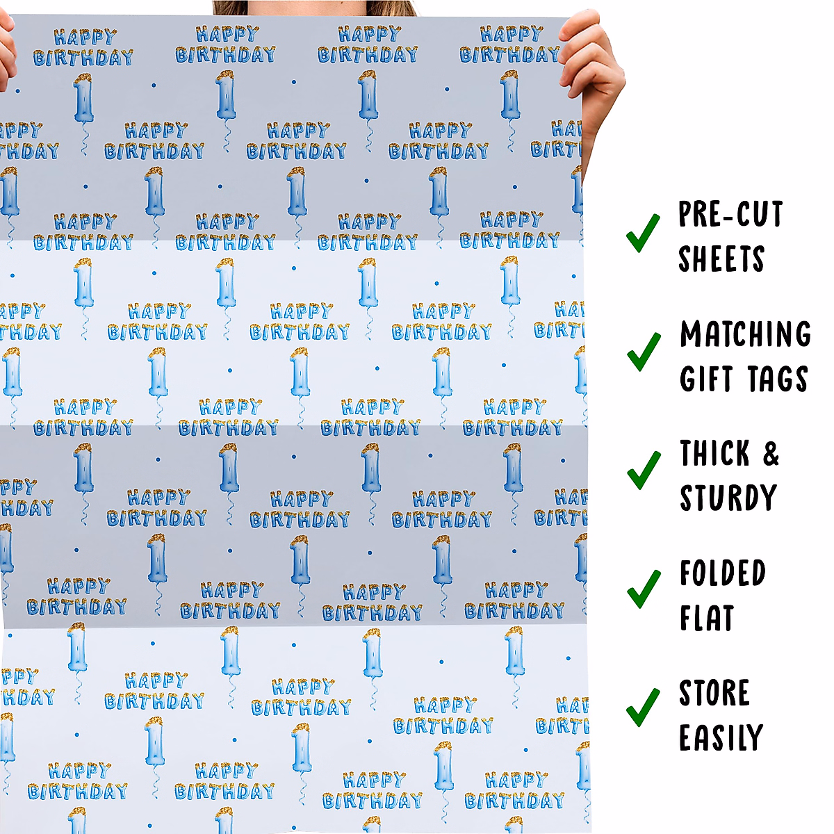 CENTRAL 23 1st Birthday Wrapping Paper Boy - 6 Sheets Blue Wrapping Paper - Happy Birthday Wrapping Paper - Comes With Stickers - Recyclable
