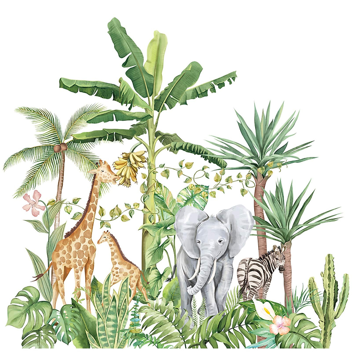 Tropical Rainforest Animals Plants Wall Stickers, AUHOKY Removable Cartoon Elephant Giraffe Nordic Plant Wallpaper Decor, Peel and Stick Art Murals for Kids Bedroom Background Nursery Home Decorations