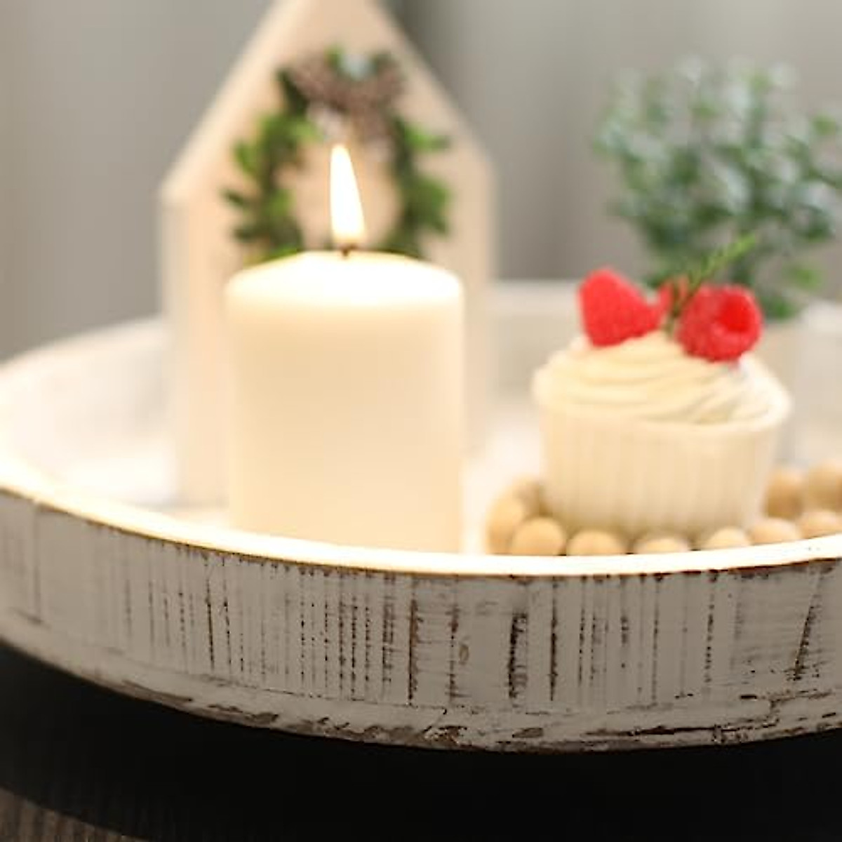 SwallowLiving 12 Inch White Wooden Rustic Lazy Susan Rotating Tray for Home Decor Farmhouse Turntable Tray for Dining Table Round Spanning Display Serving Tray Spice Rack Cabinet Organizer