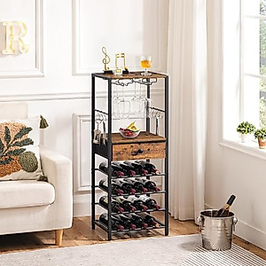 HOOBRO Wine Rack Freestanding Floor, 16-Bottle Wine Storage Rack with Non-Woven Fabric Drawer and Hooks, Wine Rack Table, Bar Cabinet for Kitchen, Dining Room, Bar, Rustic Brown and Black BF10JJ01