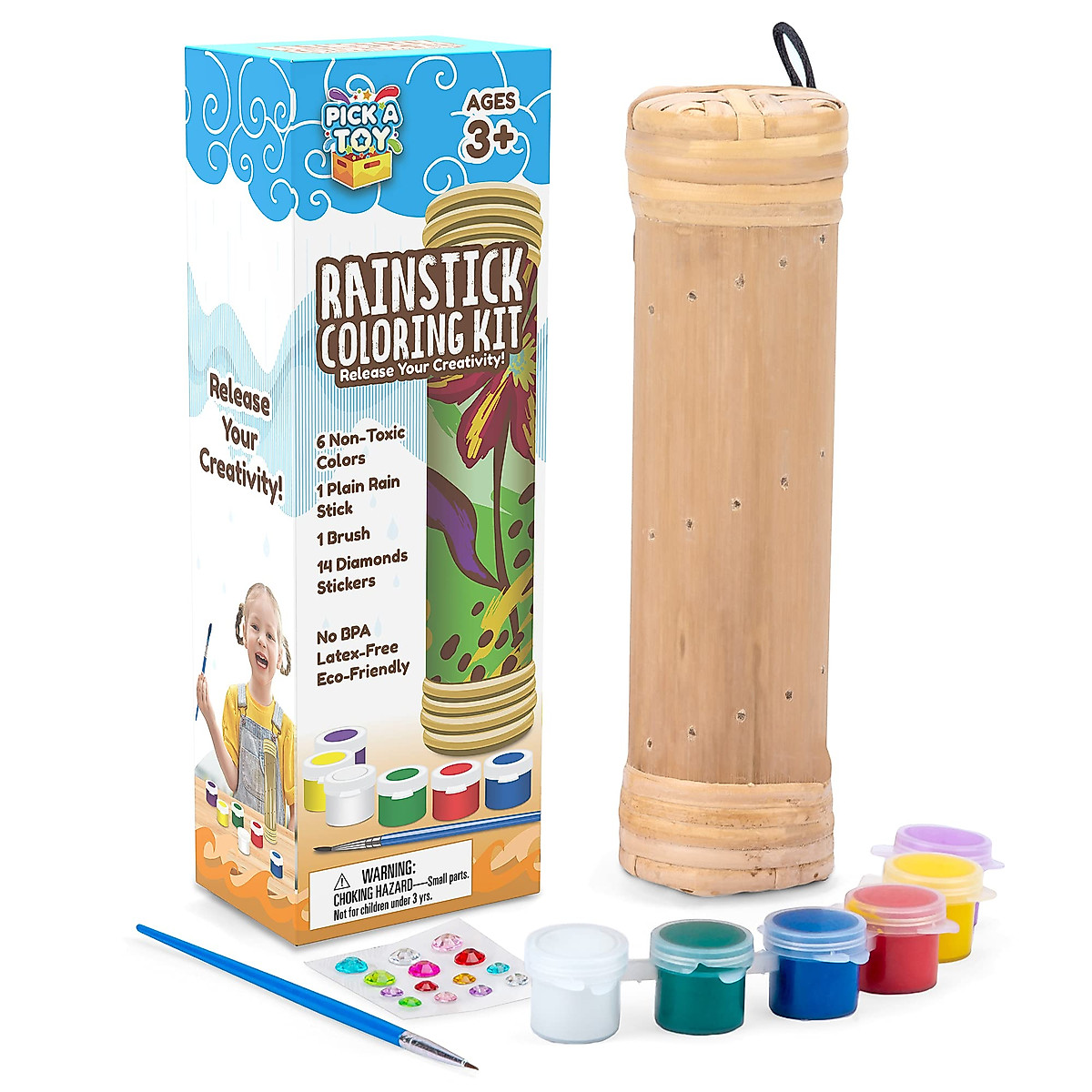 PICK A TOY DIY Rain Stick Musical Instrument with Paint, Paintbrush & Stickers, Fun Arts and Crafts Kit for Kids, Teens, and Adults, Natural Bamboo Wood, Crafting Gift Idea