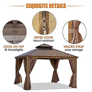 12x12FT Outdoor Gazebo with Double-tiered Roof and Curtains, Permanent Hardtop Pergola with Steel Canopy, Pavilion Gazebo with Metal Nets and Drainage Ditch Design for All Seasons, Backyard, Bronze