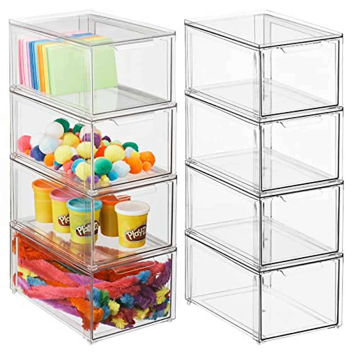 mDesign Plastic Stackable Drawer Organizer Storage Bin with Front Handle - Holder for Crafts, Sewing, Hobby, Art Supplies in Home, Classroom, Office, or Studio - Lumiere Collection, 8 Pack - Clear
