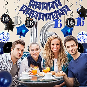 16th Birthday Decorations for Boys and Girls Dark Blue, HAPPY BIRTHDAY Banner Silver Number 16 Balloons, Deep Blue Theme Party for Him - 16 Years Old Birthday Party Supplies Kit for Her