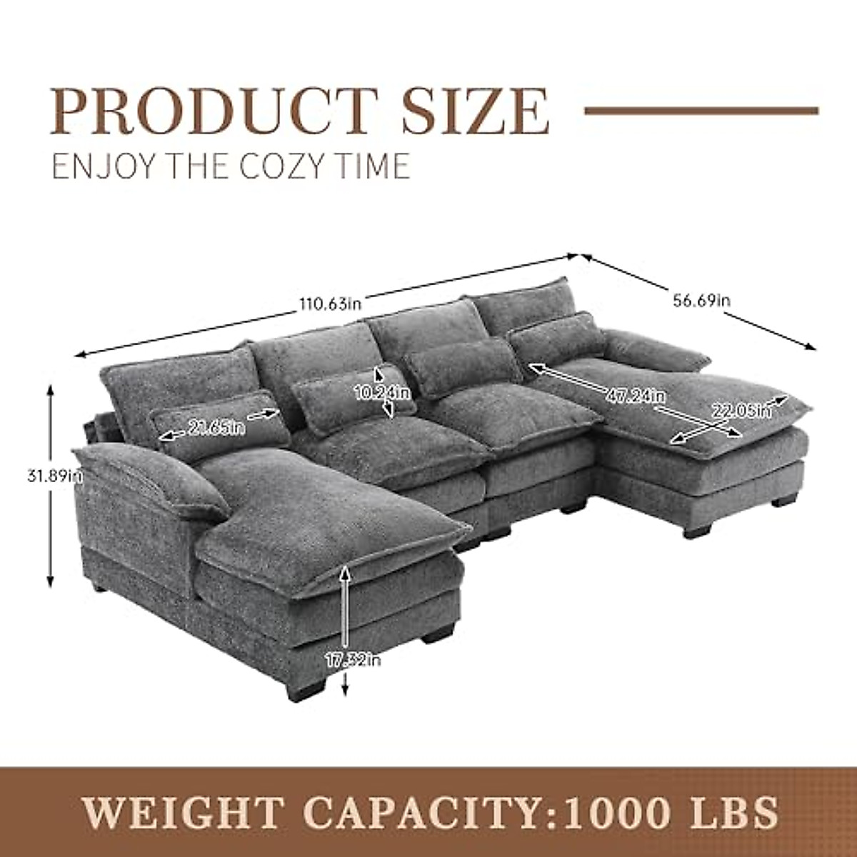 Eafurn Free Combination U Shaped Sectional Chaise Lounge,Velvet Upholstery Symmetrical Modular Solid Wood Legs,Convertible Sleeper Sofa & Couch Living Room Furniture Sets, Gray 110.63"