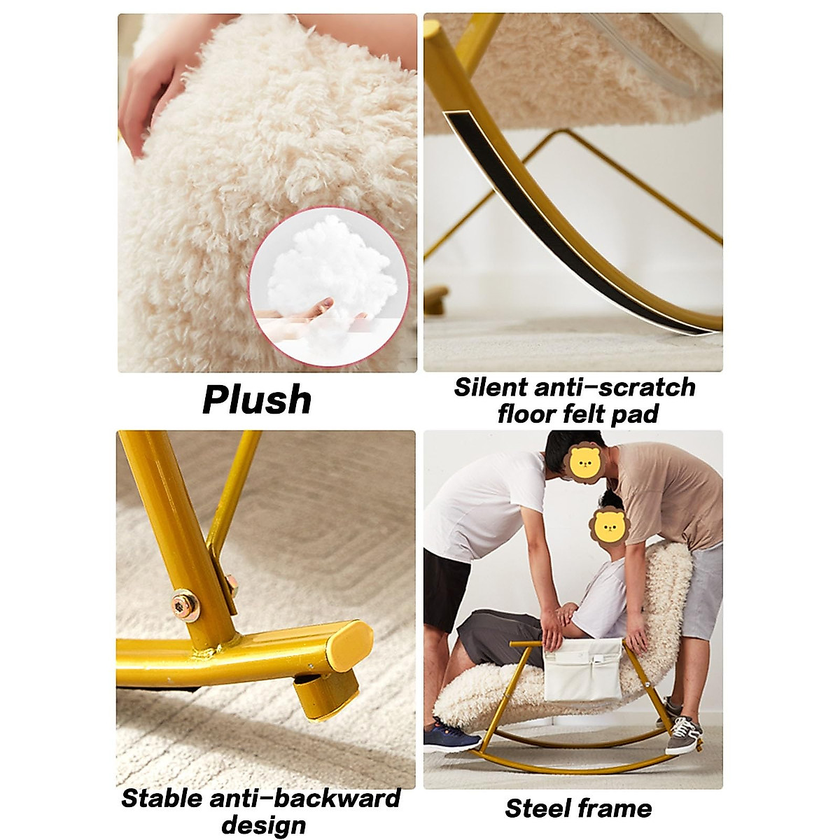 YNAYGDIUGD Upholstered Glider Rocker Chair,Outdoor Rocking Chair with Armrests,Patio Rocking Chair with Side Pockets,for Living Room, Hotel, Bedroom, Beige (Color : Gold)