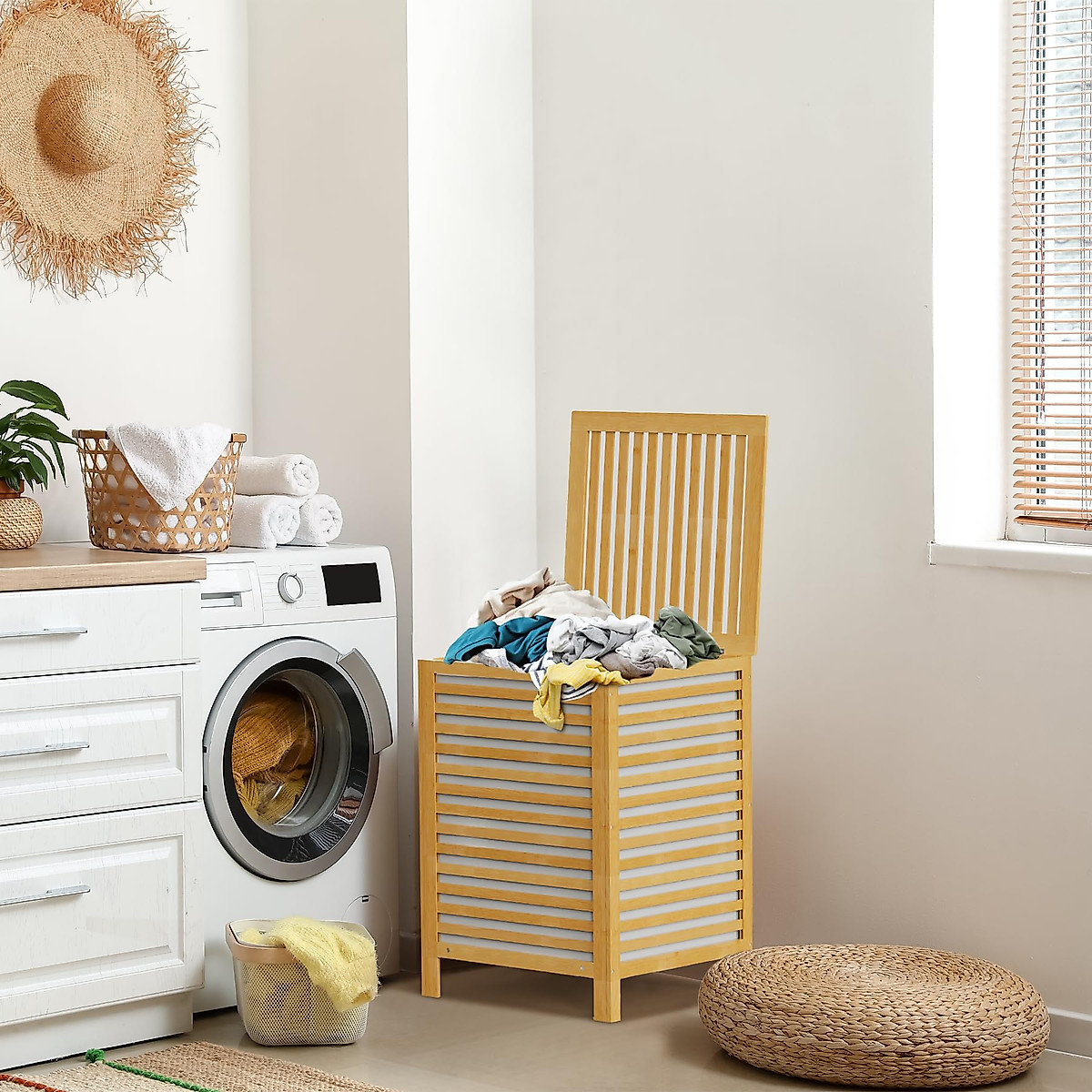 Purbambo Laundry Hamper with Lid, 95L Bamboo Laundry Basket with Removable Liner Bag, 2-Section Laundry Sorter for Home Bathroom Bedroom