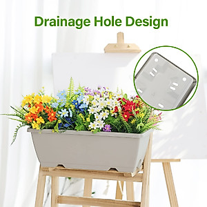 Whonline 8 Pack Window Planter Box, 17 Inches Plastic Window Boxes Rectangular Flower Vegetable Planters with Drainage Holes and Saucers for Indoor Plants Outdoor Garden Patio (Light Gray)