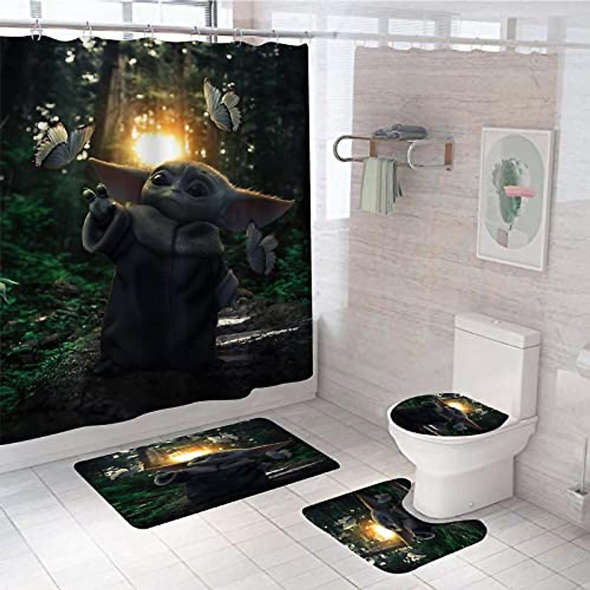 RUNYAO Happy-HAT 4 Piece Infant Shower Curtain Sets,Bathroom Sets with Rugs and Accessories,with Including Square Non-Slip Floor Mat-U-Shaped Mat-Toilet Lid Cover Mat and Shower Curtain -71"x71"