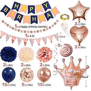 Navy Blue and Rose Gold Birthday Party Decorations for Women Girls,Happy Birthday Banner,Rose Gold Party Decorations for Women with Tissue Paper Pom,Hanging Swirls,Circle Dots Garland for Women Girls Birthday Decorations