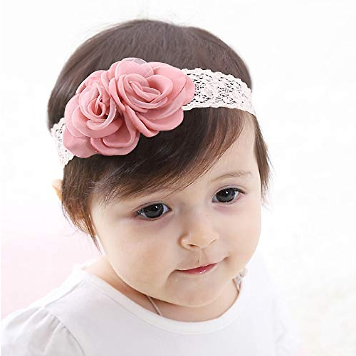 Kercisbeauty Baby Girls Pink Bows Headband Lace Flower Headwear for Toddler Babies Elastic Adjustable Head piece Wreath Halloween Holiday Sunday Headband