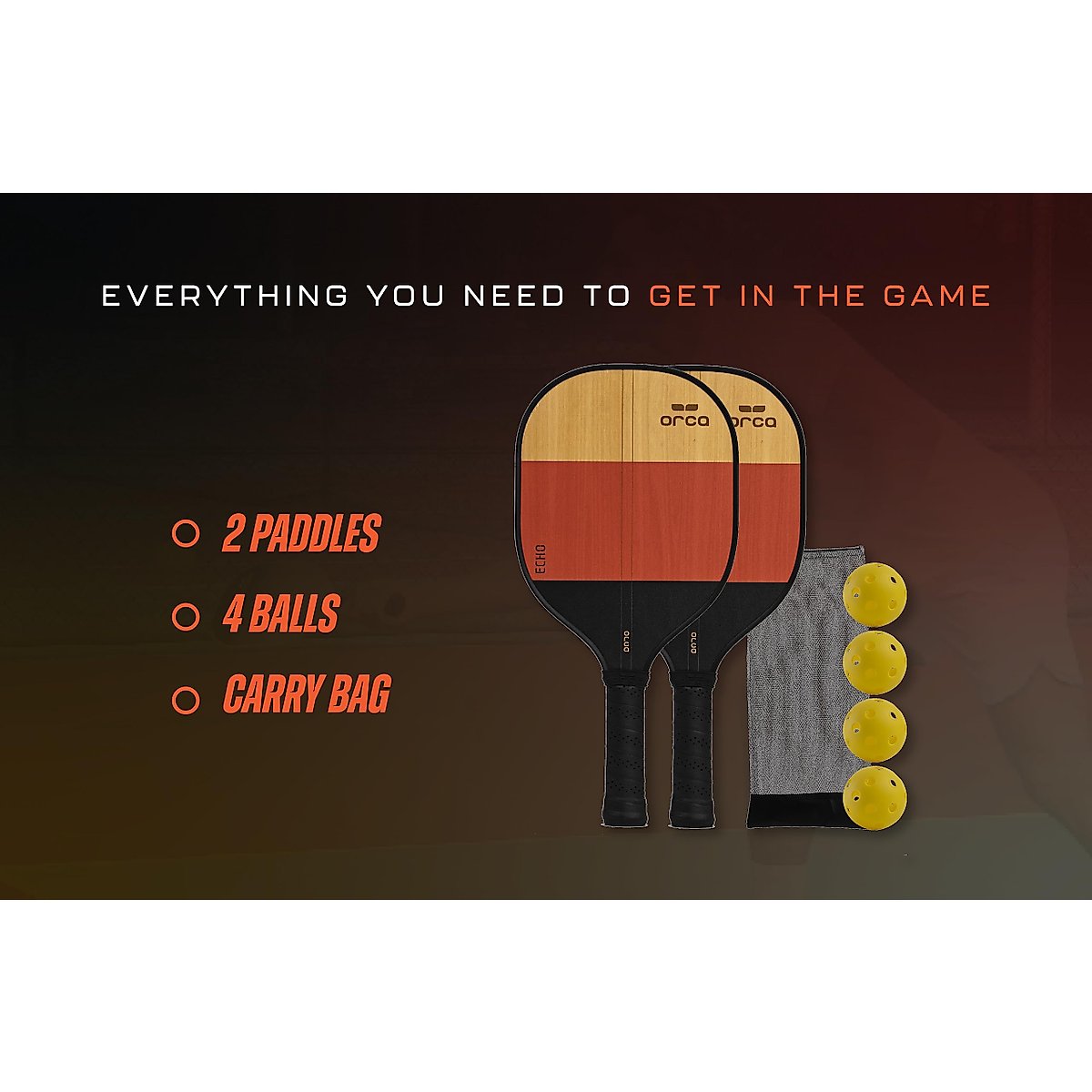Orca Paddle Co. Echo Pickleball Paddles, Set of 2, with 4 Pickleballs, Mesh Bag - Racket for Beginners, Intermediate, Advanced Players - Pickle-Ball Accessories and Equipment