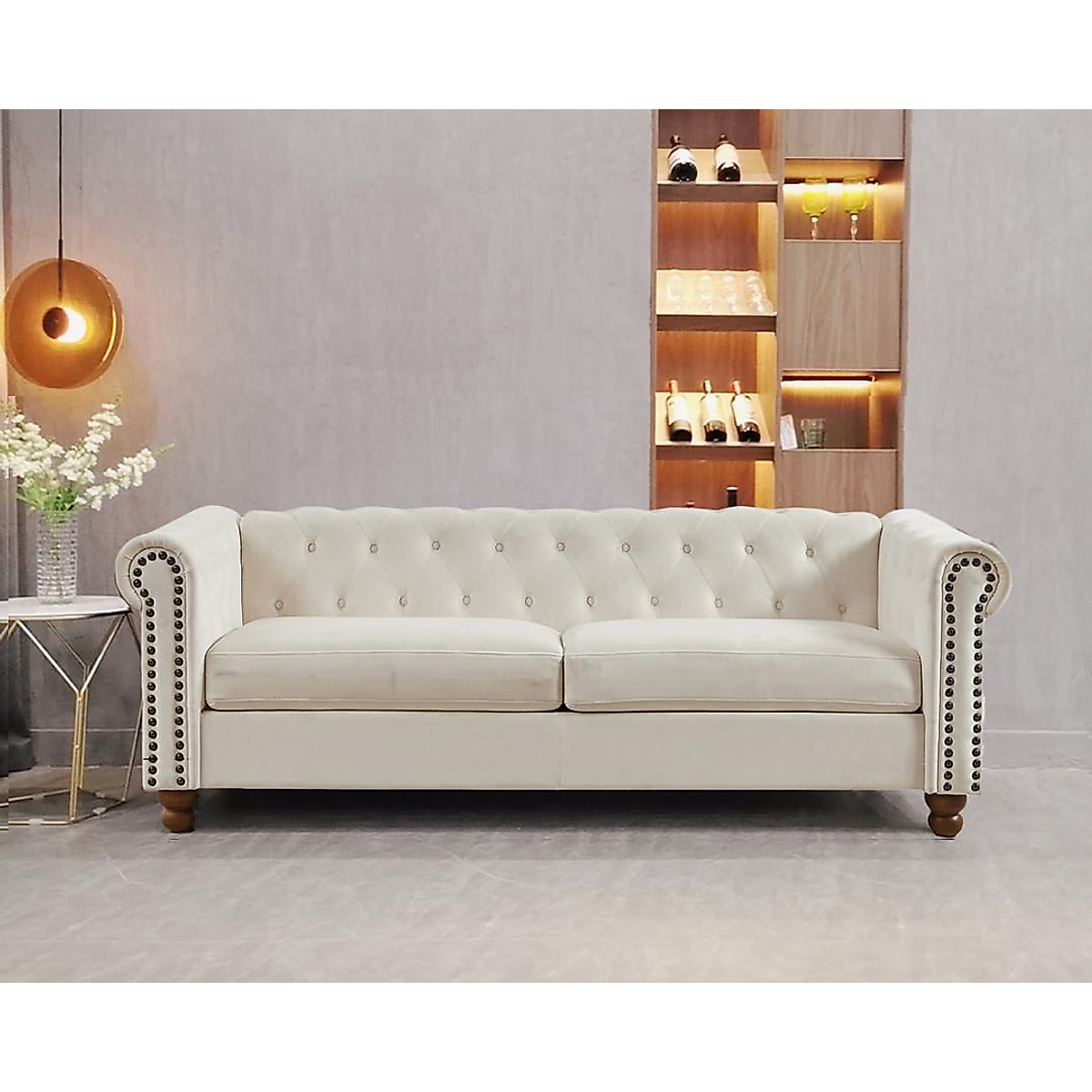 LKTART Modern Sofa Couch Upholstered Comfy Sofa Tufted Couch with Deep Seats, Chesterfield 3 Seater Sofa with 2 Pillows for Living Room Apartment Office Lounge White