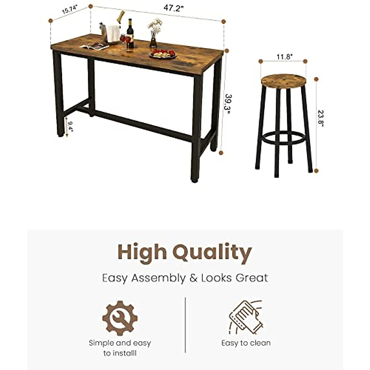 DKLGG Small Bar Table with Stools, Rectangle Bar Table and Chairs Set, Counter Height Tabletop for Breakfast Restaurant Dinner Living Party Room Small Space, 3-Piece Pub Dining Furniture, Bistro Set