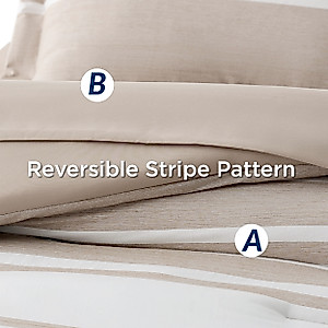 Bedsure Full Comforter Set 7 Pieces, Light Camel Striped Bedding Set for Full Size Bed Reversible, Cationic Dyeing Bed in a Bag with Comforter, Sheets, Pillowcases & Shams