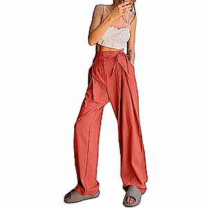 LYANER Women's Casual Tie Side High Waist Wide Leg Palazzo Pants with Pockets Rust Red Medium