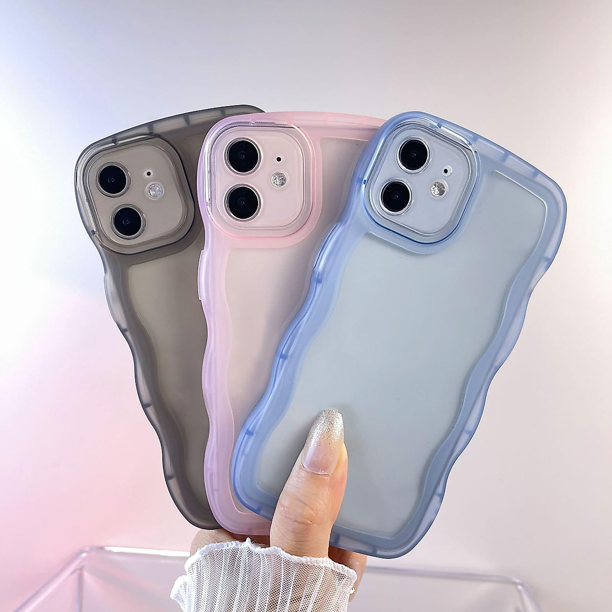 Eiyikof Compatible with iPhone 12 Mini Clear Case,Cute Solid Color Curly Wave Frame Transparent Soft Silicone Anti-Scratch Shockproof Protective Slim Case for Women Girls-Blue