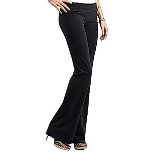 CNC STYLE P001 Women's Comfy Cotton Foled Waist Stretch Bootcut Yoga Leggings High Waisted Bootleg Flare Work Pants, Black, Large