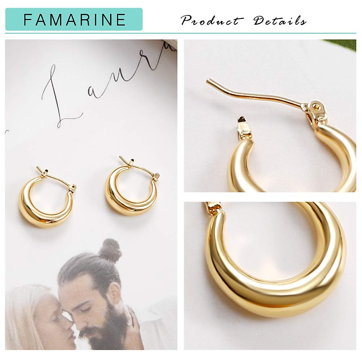 FAMARINE Chunky Hoop Earrings, Dainty Minimalist Open Hoops Earrings For Women, 14K Gold Plated