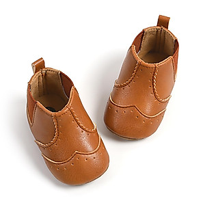 Baby Boys Girls Classic High-Top PU Leather Booties Shoes Wedding Oxford Dress Shoes First Walking Flat Lazy Crib Shoe Brown 0-6 Months