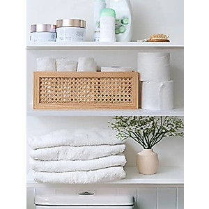 Wood Floating Shelf Rattan Shelve Wall Décor with Towel Rack for Kitchen - Bathroom - Living Room - Laundry Room & Bedroom - Wood Floating Shelves for Wall - Natural Wood Shelves - Rattan Wall Shelf
