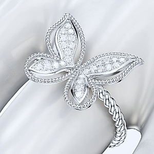 PRSTANI Real 14k White Gold Twisted Rope Shank Round Brilliant Genuine Moissanite Milgrain Butterfly Ring For Women (6.5)