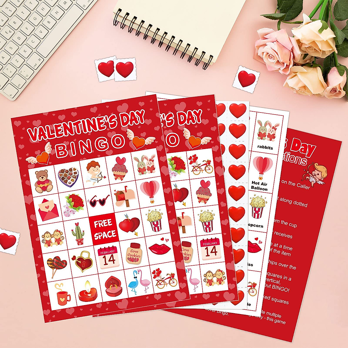 TENDFINE 24 Players Valentine’s Day Bingo Cards - Valentines Bingo Game for Valentine Party School Classroom Family Activities