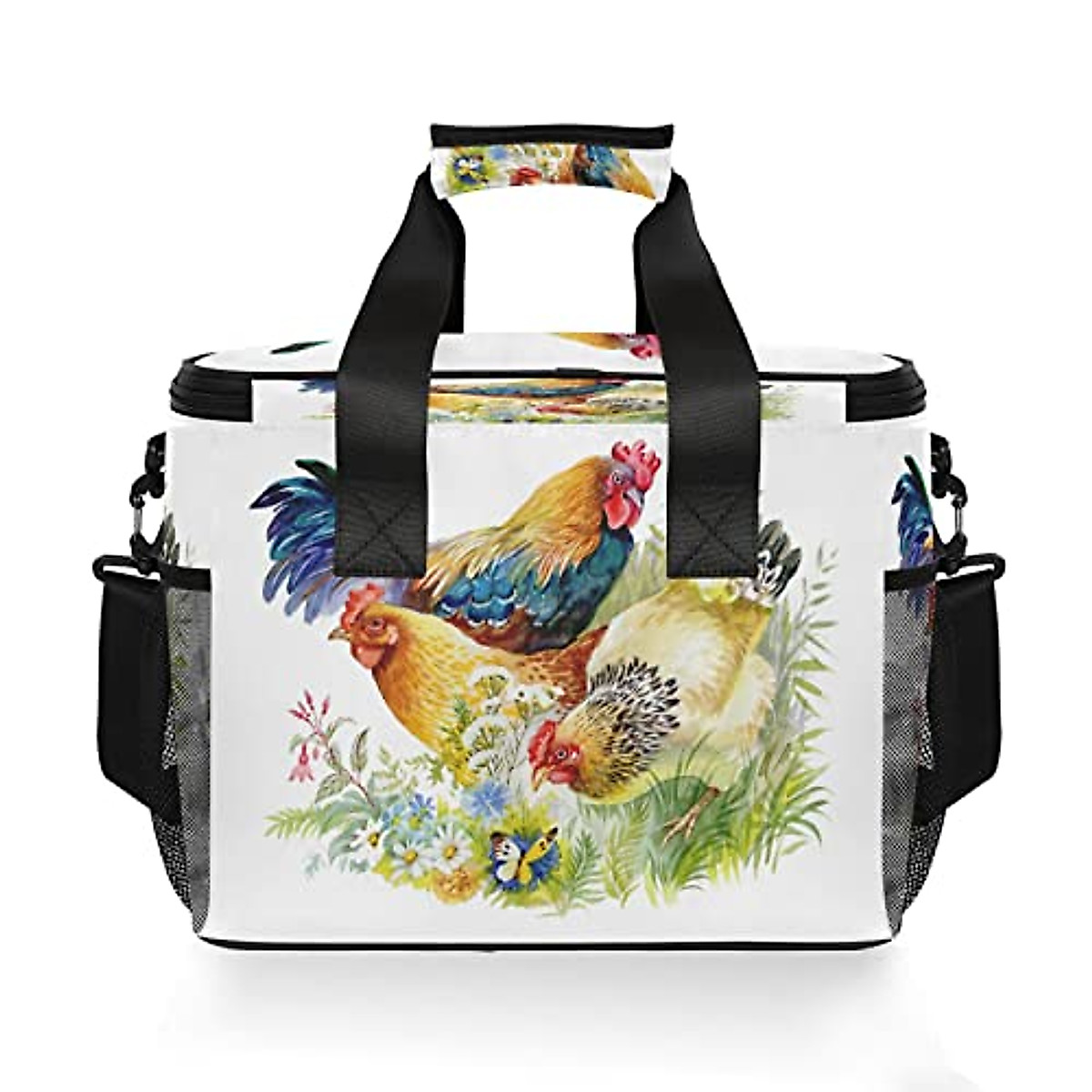 Chickens Rooster Animal Picnic Lunch Bag for Women Men, Waterproof Cooler Lunch Tote Bag Large Spring Daisy Flower Insulated Lunch Box Organizer with Shoulder Strap for Office Work Travel Camping