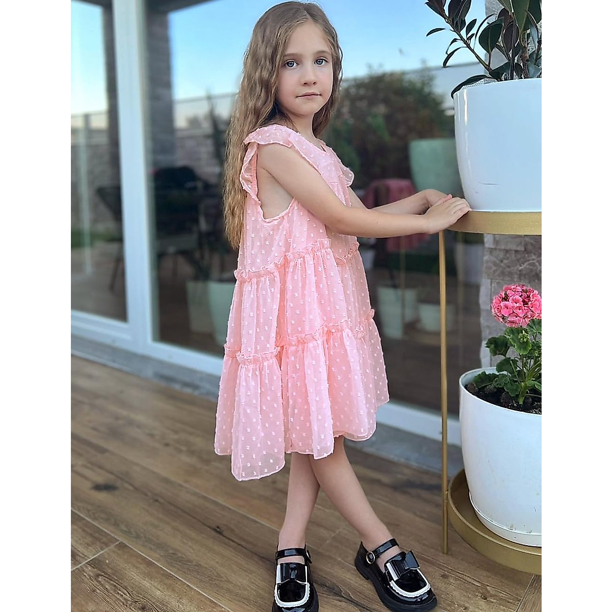 AGQT Toddler Girls Summer Dress Loose Fit Swiss Dots Flowy Pleated Dress Ruffle Babydoll Birthday Chiffon Dress Pink Size 1-2T