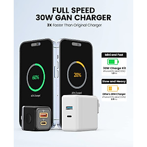 ORICO GaN USB C Charger with USB C Cable, 30W Power Delivery + QC3.0 USB A Double Port Fast Charging Adapter, Mini Wall Charger Compatible with iPhone 14 13 12 Pro Max Galaxy, iPad, MacBook Air