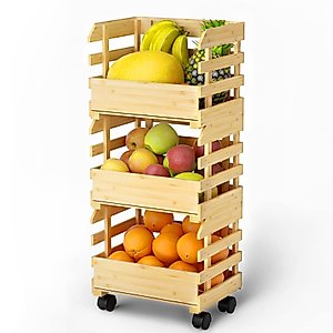 Merysen Fruits Basket for Kitchen Counter Detachable Fruit Basket Large 3-Tier Bamboo Fruit and Vegetable Storage Veggies Drinks Bread Snack