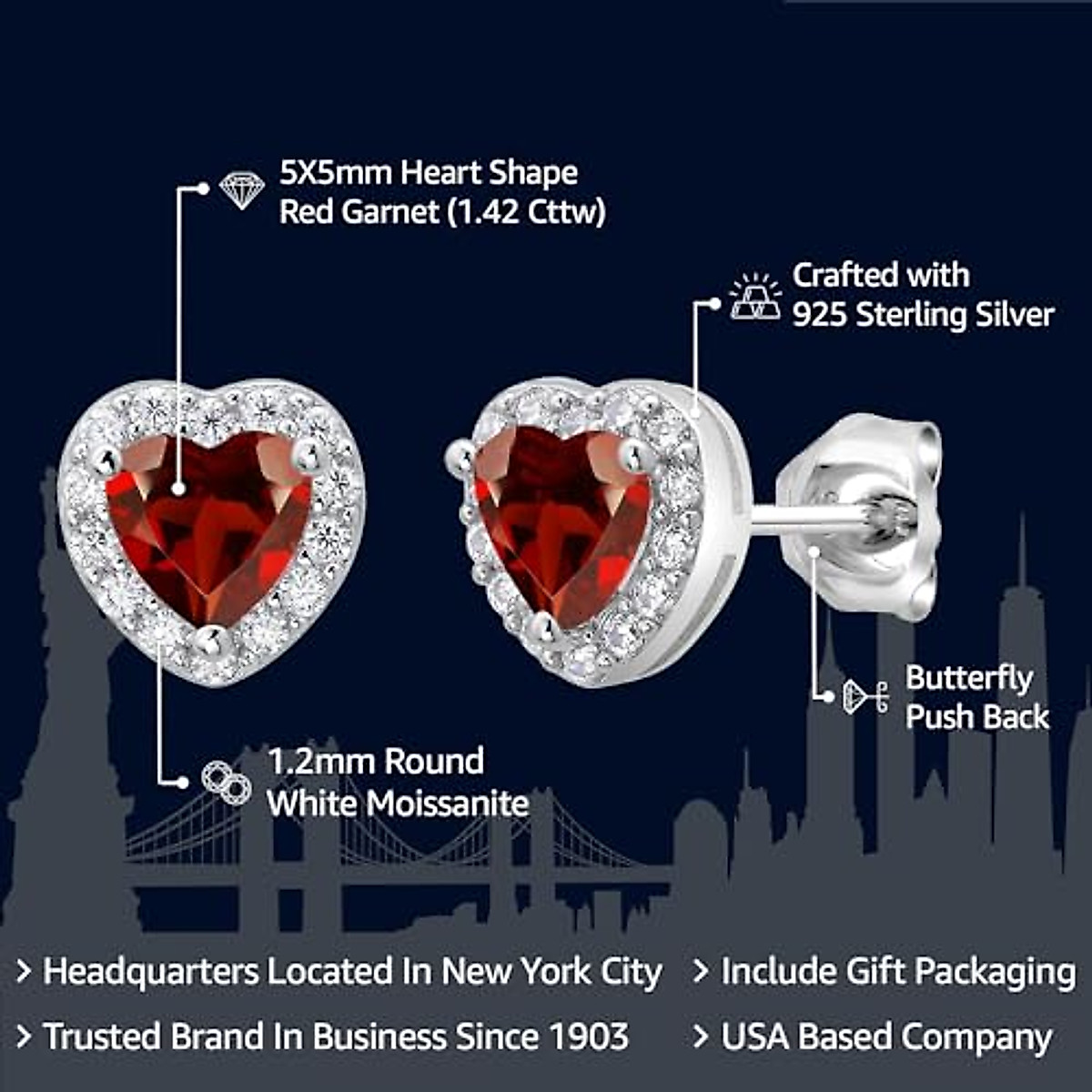 Gem Stone King 925 Sterling Silver 5MM Heart Shape Gemstone Birthstone and White Moissanite Halo Earrings | Heart Earrings For Women