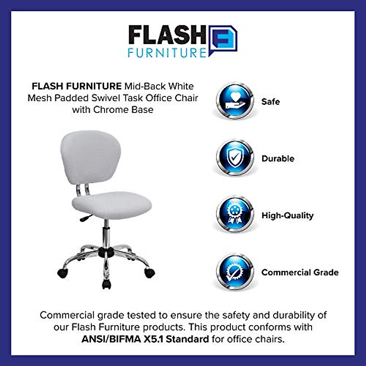 Flash Furniture Beverly Mid-Back White Mesh Padded Swivel Task Office Chair with Chrome Base