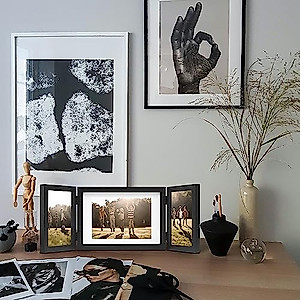 DECOCIAGA Hinged 3 Picture Frame 4x6 & 5x7 Folding Collage Photo Frames Multiple Wooden Desk Picture Frames with Mat for Office Tabletop or Wall Decor, Black