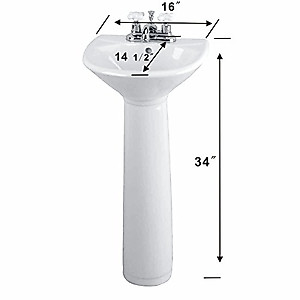 Ondine 16 inch Pedestal Sink – Compact White Sink with Overflow And Pre-Drilled Holes – Heavy Duty Grade A Vitreous China Built - Porcelain Scratch And Stain Resistant - Renovators Supply