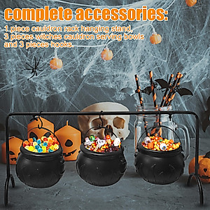 Zhitaoxun 3pcs Witches Cauldron Serving Bowls with Iron Rack,Halloween Party Decotations,Black Plastic Candy Bucket Cauldron Bowls for Halloween Outdoor and Indoor Decor