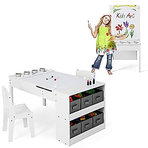 INFANS 2 in 1 Kids Art Table and Chair Set, Toddler Craft Play Wood Activity Desk with 2 Chairs Paper Roll Storage Canvas Bins Paint Cups for Drawing Writing, Children Furniture for Daycare Nursery