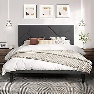 Allewie Queen Size Upholstered Bed Frame with Geometric Headboard, Heavy-Duty Platform Bed, No Box Spring Needed, Dark Grey