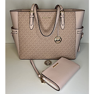 Michael Kors MICHAEL Michel Kors Gilly Large Drawstring Travel Tote bundled with Double Zip Wristlet Purse Hook (Signature MK Pink)