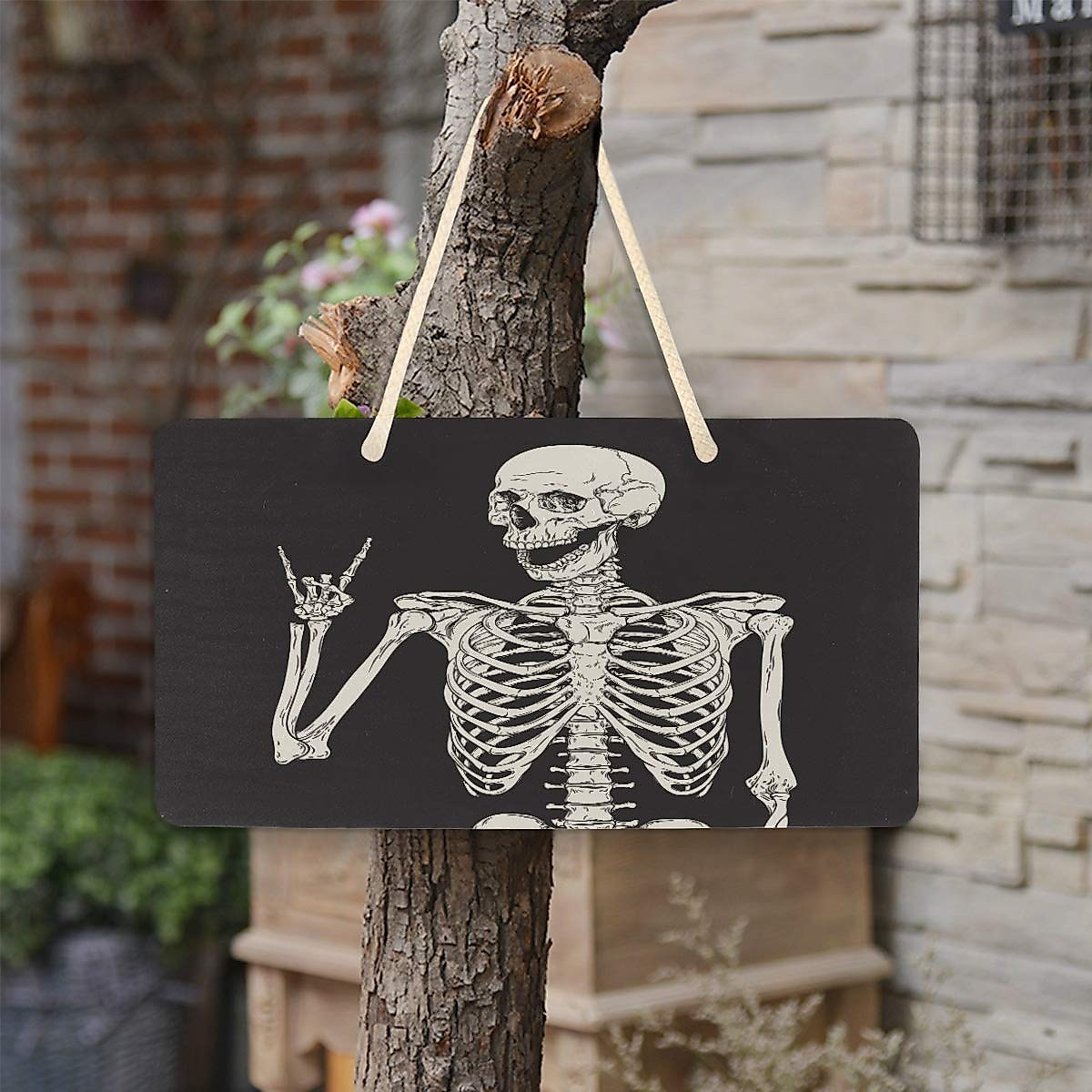 Human Skeleton Skull Hanging Door Sign Plaque, Funny Halloween Wall Signs Home Decor with String Decorative Hanging Sign for Front Door Yard Garden Entrance Porch Farmhouse Office 6x11 inches
