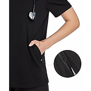 COMENII Scrub Tops for Women, Two Pocket Sporty Quick-Dry Stretch V-Neck Workwear, Anti-Wrinkle Medical Scrubs for Women(Black L)