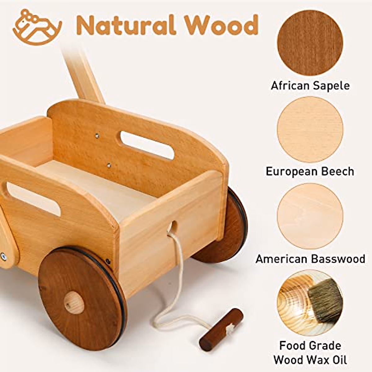 Woodtoe Wooden Baby Walker, Adjustable Speed Push Toys for Babies Learning to Walk, Natural Wood Push and Pull Learning Walking Educational Toys Gift for Toddler Boy Girl 1 2 3(Patent Protection)
