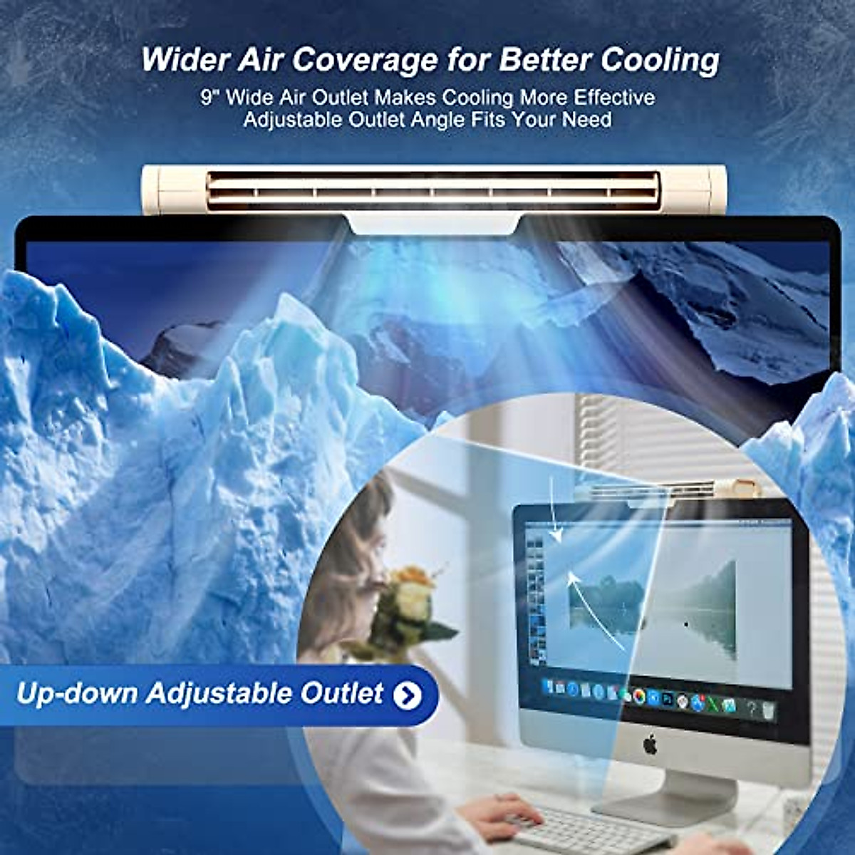 Avoeco Computer Monitor Fan, Office Fan, Space Saving, 3 Speeds, Screen Clip on Fan, for Cooling, Small Fan with USB Powered, Desk Fan, Bladeless Fan，Monitor Fan Bar, for Office, Home, Gaming (white)