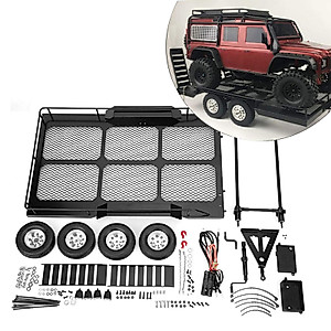 Hitoxi RC Car Trailer, Metal Trailer Cargo Carrier with Four Tires for 4WD TRX4 1/10 Car, Heavy Duty Truck Crawler Buggy Truggy Trail Toy Accessory, Black