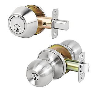 LOQRON Key Entry Ball Door Knob and Single Cylinder Deadbolt Lock Combo Set Security for Entrance and Front Door with Satin Nickel Finish