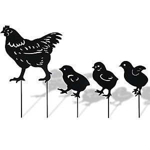 INCAUCA 4Pcs Metal Chicken Garden Stakes, Decorative Hen and Chicks Yard Stakes, Metal Animal Yard Decor, Chicken Art Silhouette Statue for Lawn Patio Gazon Outdoor Ornament
