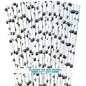 Dog Theme Paw Print Paper Drinking Straws - Black White - 7.75 Inches - 100 Pack - Outside the Box Papers Brand