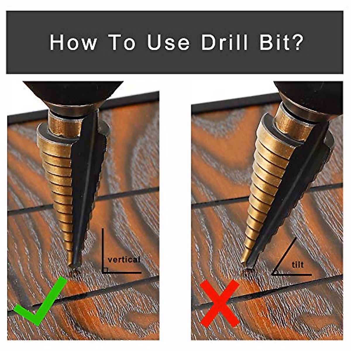 COMOWARE Step Drill Bit Set & Automatic Center Punch- Black and Gold, Double Cutting Blades, High Speed Steel, Short Length Drill Bits Set of 5 pcs, Total 50 Sizes with Aluminum Case