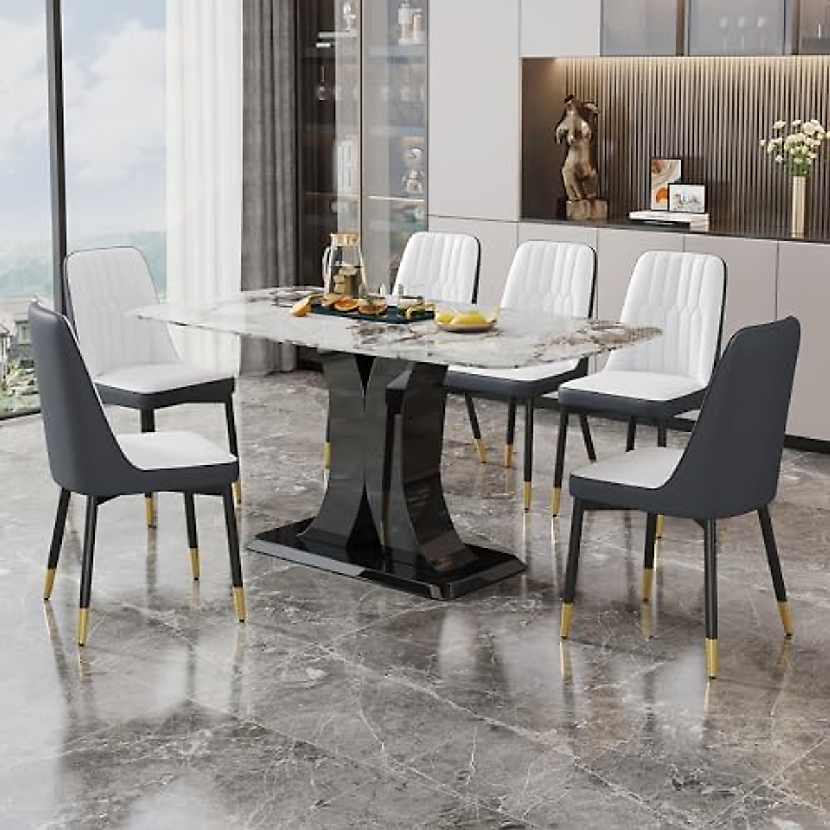 Henf 7-Piece Dining Set Modern Table and Chair Set for 6, Faux Marble Top Dining Table with 6pcs White&Gray Dining Chairs, 63'' White Dining Room Table with MDF Base, Kitchen Table Set for 6