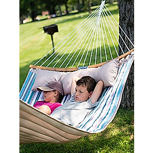 Double Hammock Swing Quilted Fabric, Ohuhu 2 Person 11 FT Portable Hammocks with Folding Bamboo Spreader Bar & Pillow, Large Hammock Bed for Indoor Outdoor, Tree Hammock for Yard Porch Garden Balcony